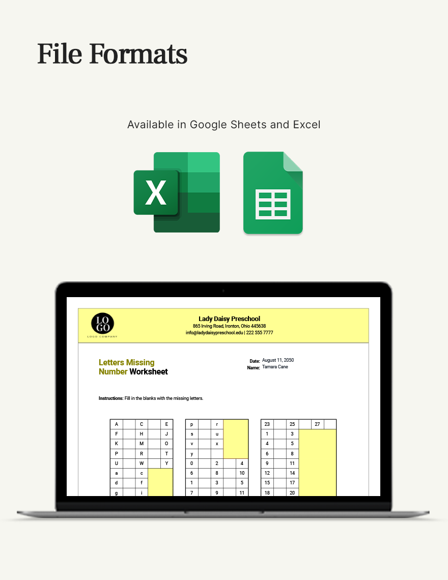 Letters Missing Number Worksheet Template - Google Sheets, Excel ...