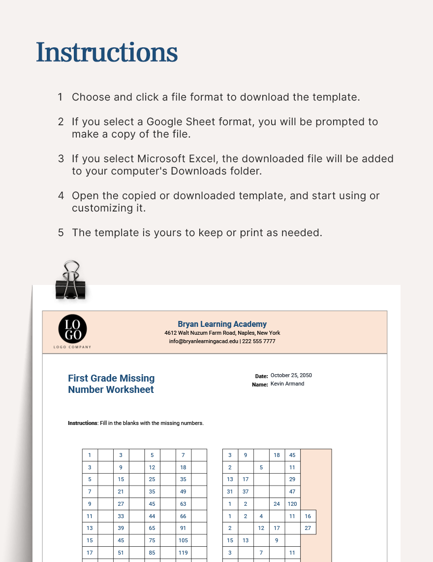 First Grade Missing Number Worksheet - Download in Excel, Google Sheets ...
