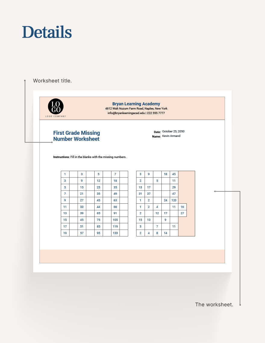 First Grade Missing Number Worksheet - Download in Excel, Google Sheets ...