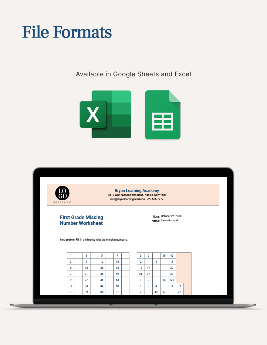 First Grade Missing Number Worksheet - Download in Excel, Google Sheets ...