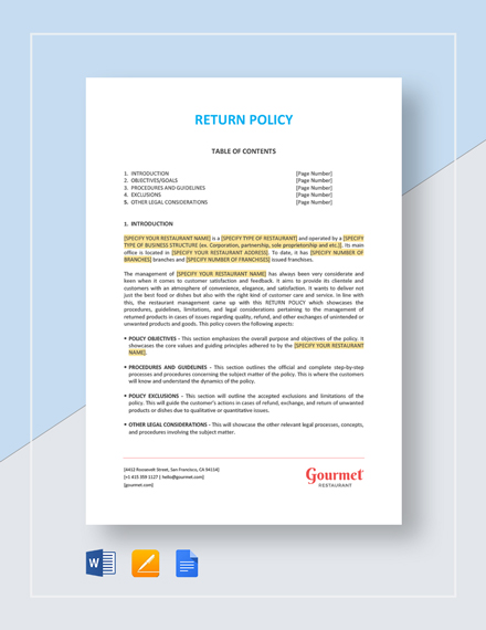 Return Policy Template Word Google Docs Apple Pages