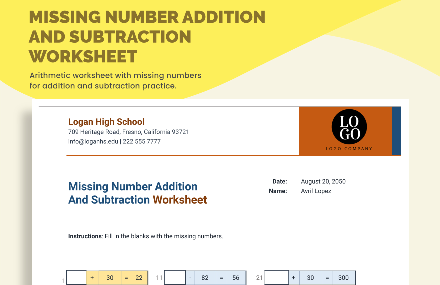 Missing Number Addition And Subtraction Worksheet Download In Excel 