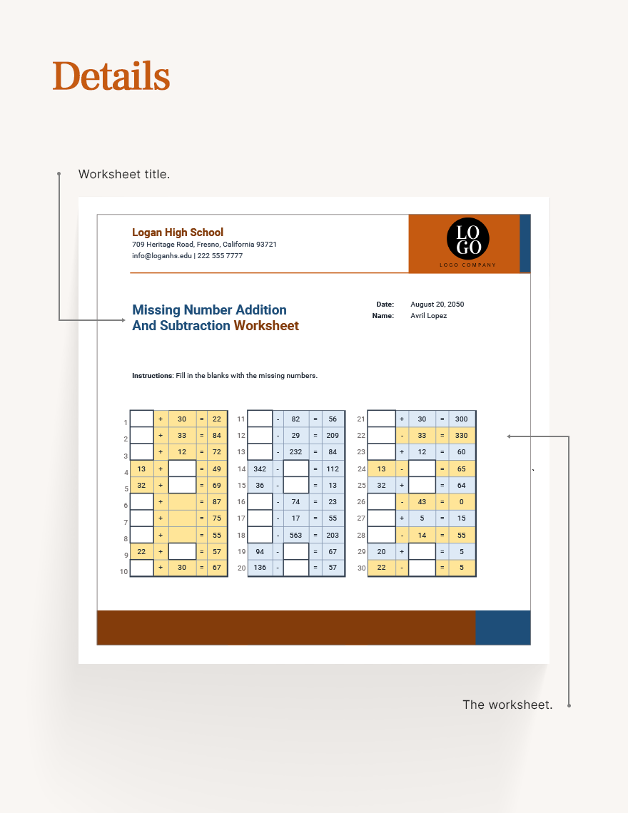 Missing Number Addition And Subtraction Worksheet - Excel, Google ...