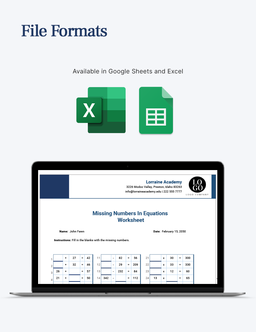Missing Numbers In Equations Worksheet - Google Sheets, Excel ...