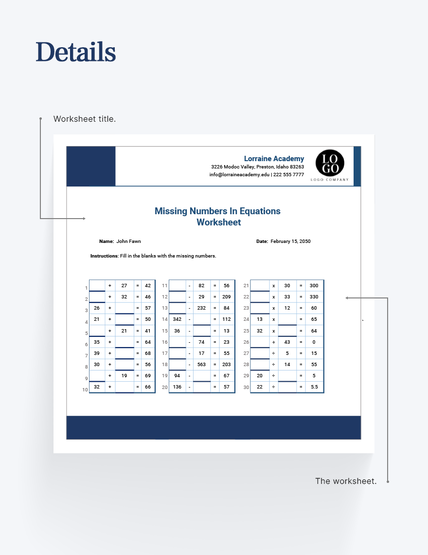 Missing Numbers In Equations Worksheet - Excel, Google Sheets ...