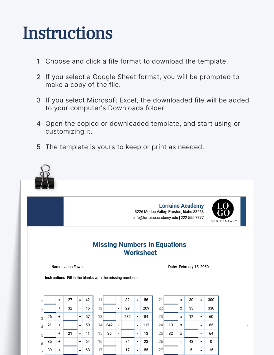 Missing Numbers In Equations Worksheet - Google Sheets, Excel ...