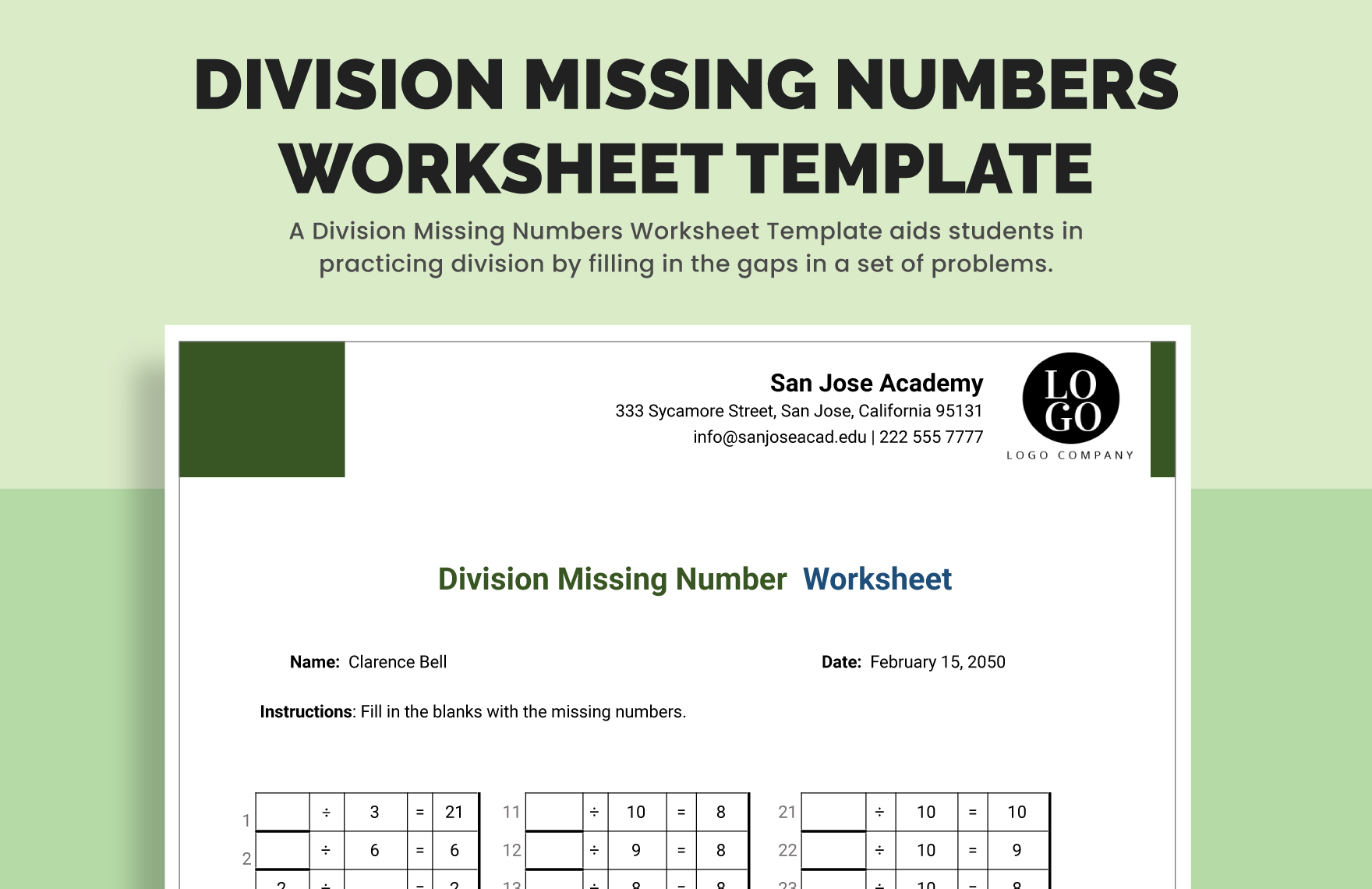 Division Missing Numbers Worksheet Template Download In Excel Google 