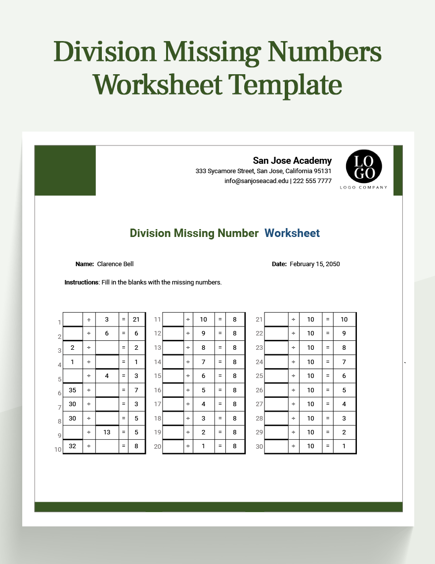 Division Missing Numbers Worksheet Template Google Sheets Excel 