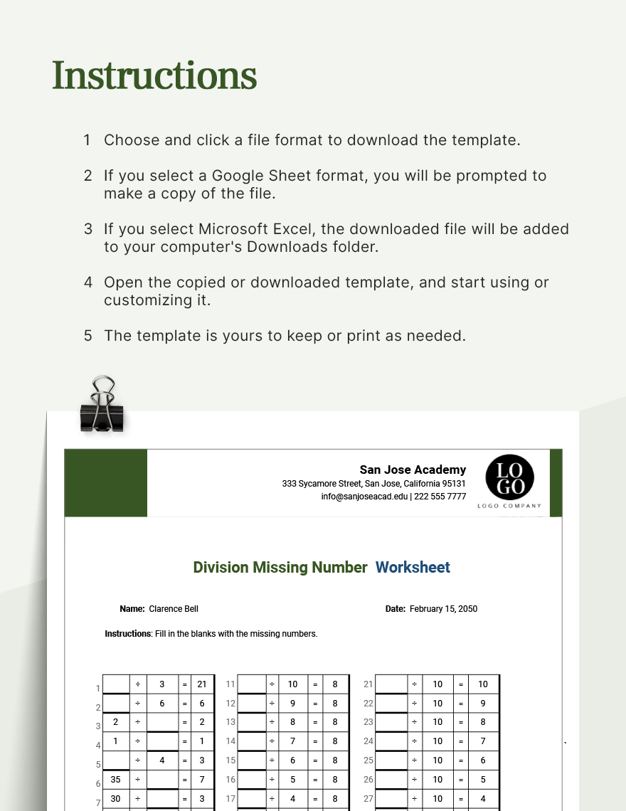 Division Missing Numbers Worksheet Template - Google Sheets, Excel ...