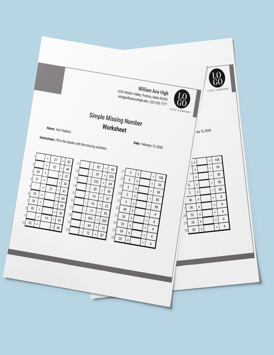 Free Simple Missing Numbers Worksheet - Google Sheets, Excel | Template.net