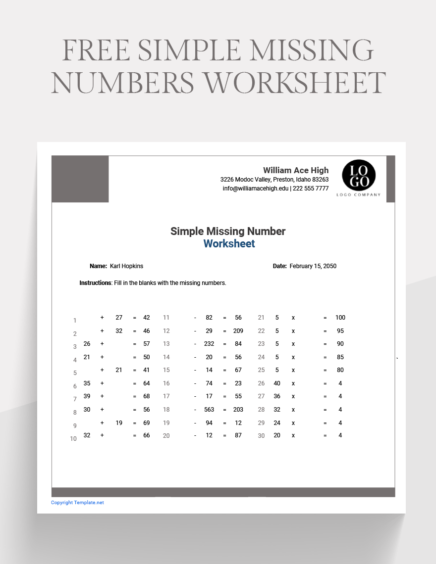 Missing Number Multiplication Worksheet - Google Sheets, Excel ...
