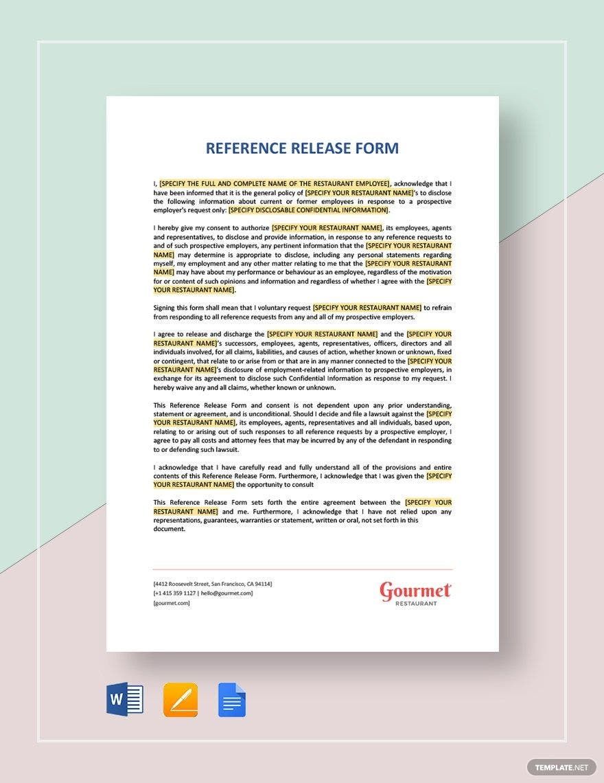 Reference Release Form Template Google Docs Word Apple Pages Template
