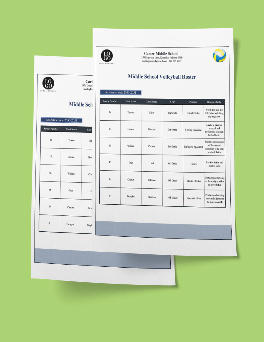Free Middle School Volleyball Roster Template - Google Sheets, Excel ...