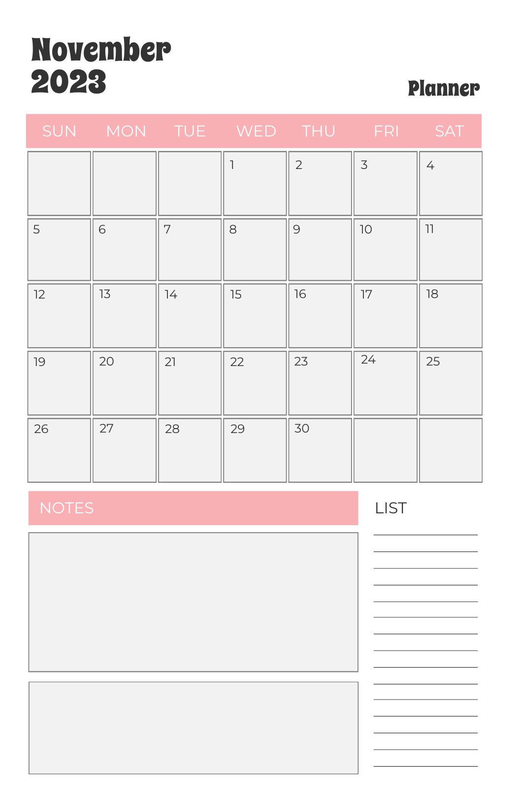 Free Printable November 2023 Calendar Template Word Google Docs 