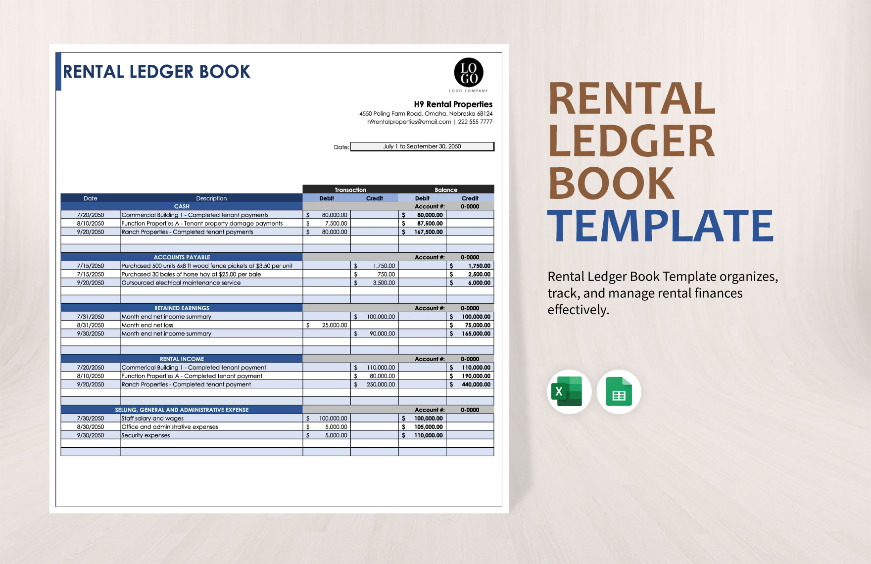 Rental Ledger Book Template in Excel, Google Sheets - Download ...