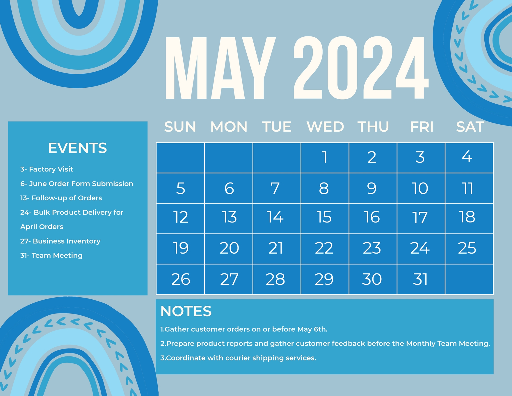 Blue May 2024 Calendar EPS Illustrator JPG Word SVG Template