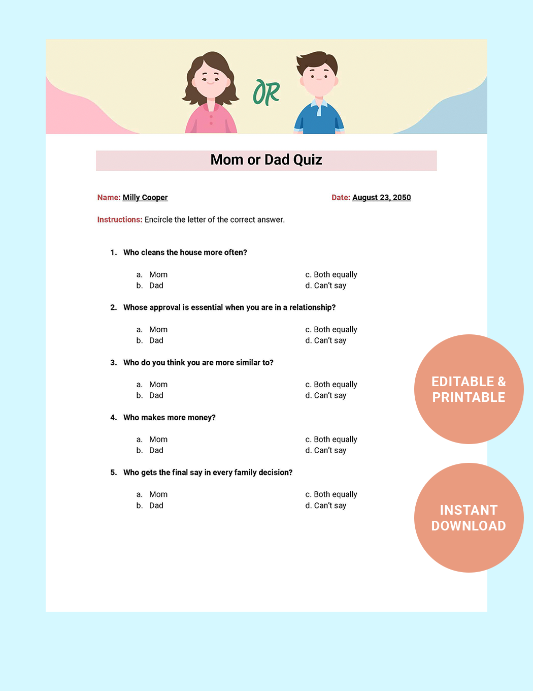 Free Mom Or Dad Quiz Template Download In Word Google Docs