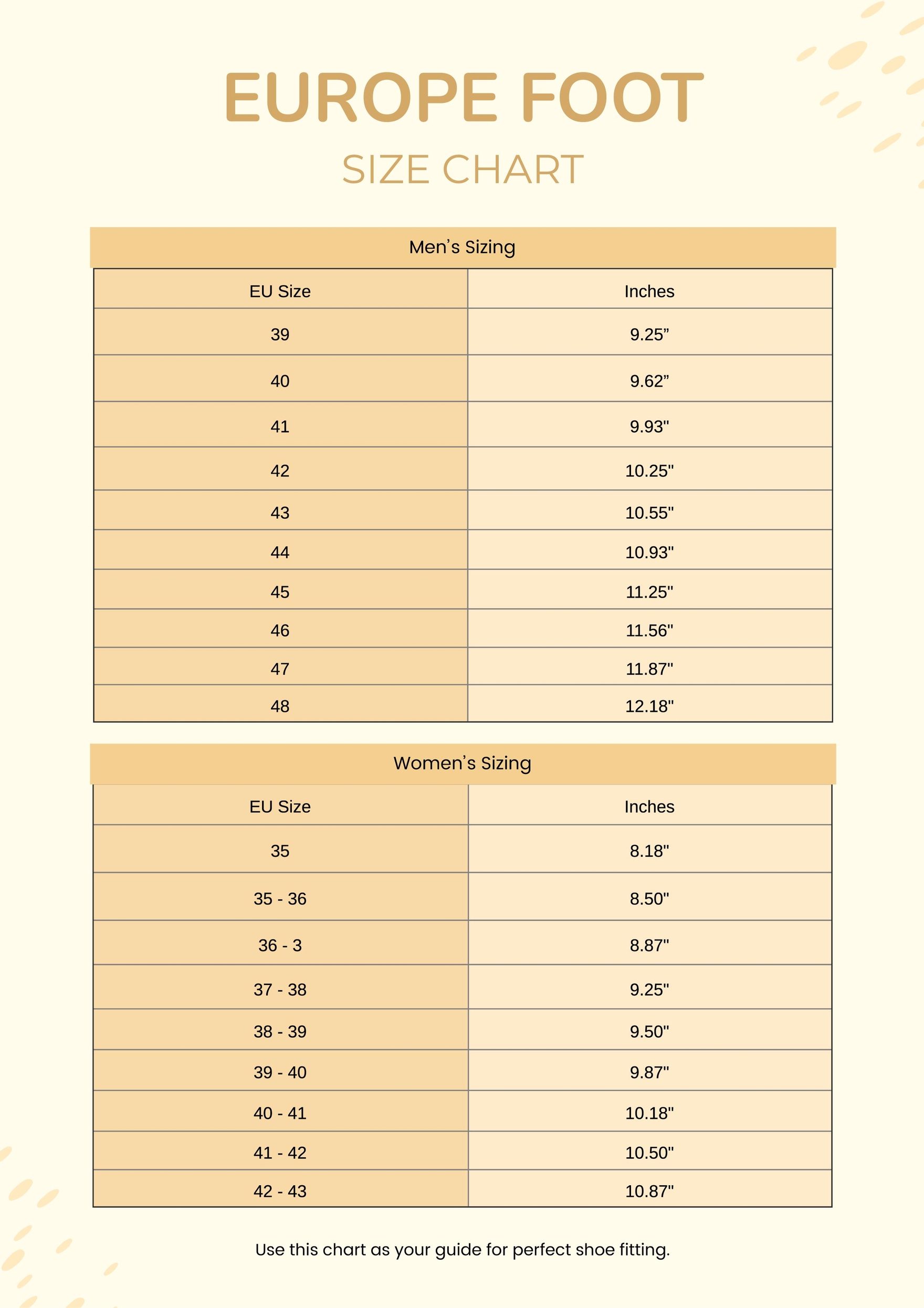 Free European Foot Size Chart Download In PDF Illustrator Template