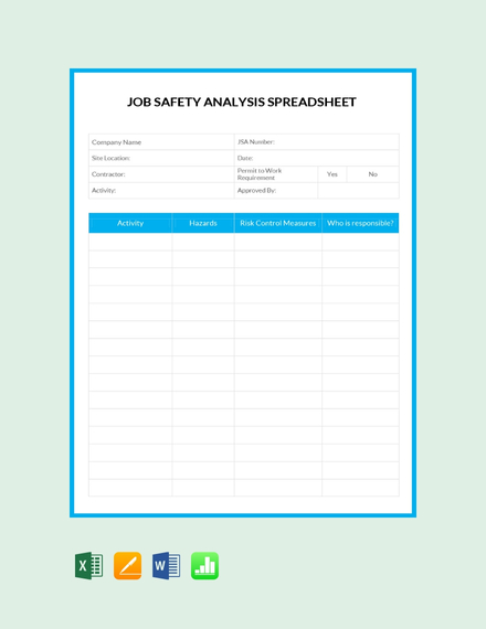Job Safety Analysis Spreadsheet Template - Excel, Word, Apple Numbers ...