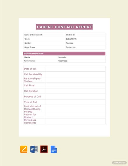 Parent Contact Report Template - Google Docs, Word | Template.net