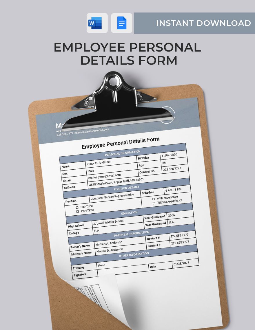 Employee Personal Details Form Download In Word Google Docs Template