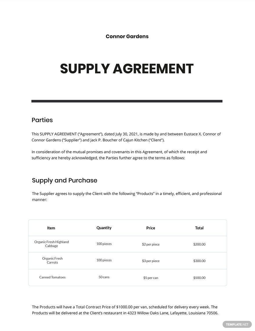 Supply Agreement Template Google Docs Word Apple Pages Template