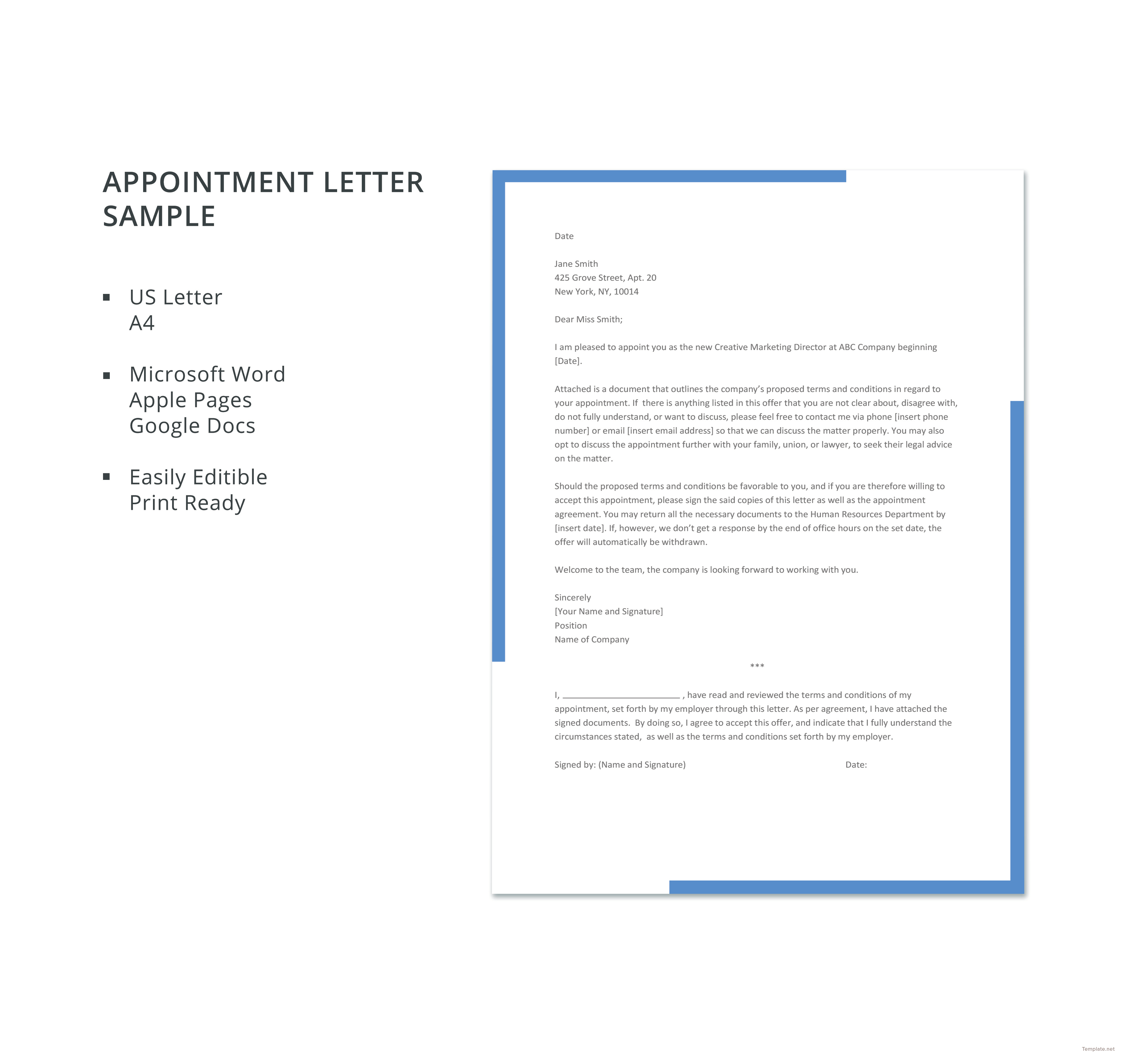 Appointment Letter Sample In Microsoft Word Apple Pages Google Docs 