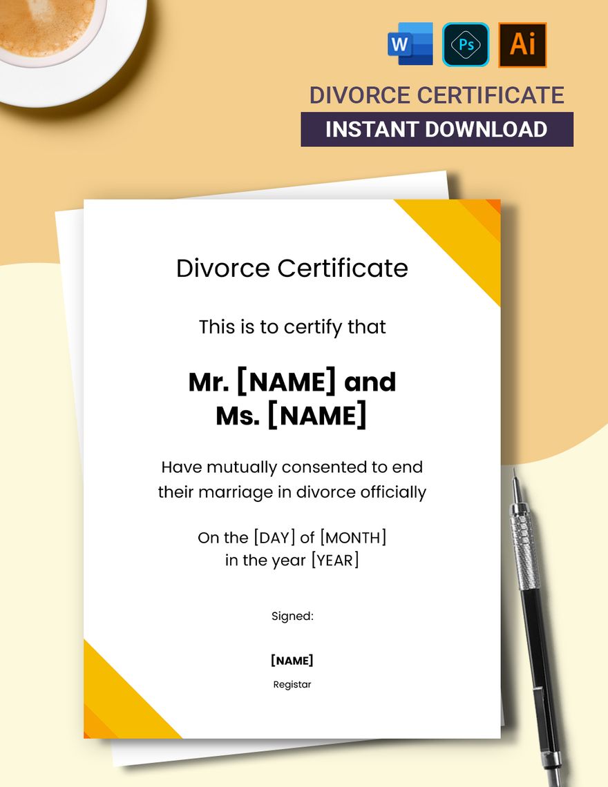 Blank Divorce Certificate Illustrator Word PSD Template