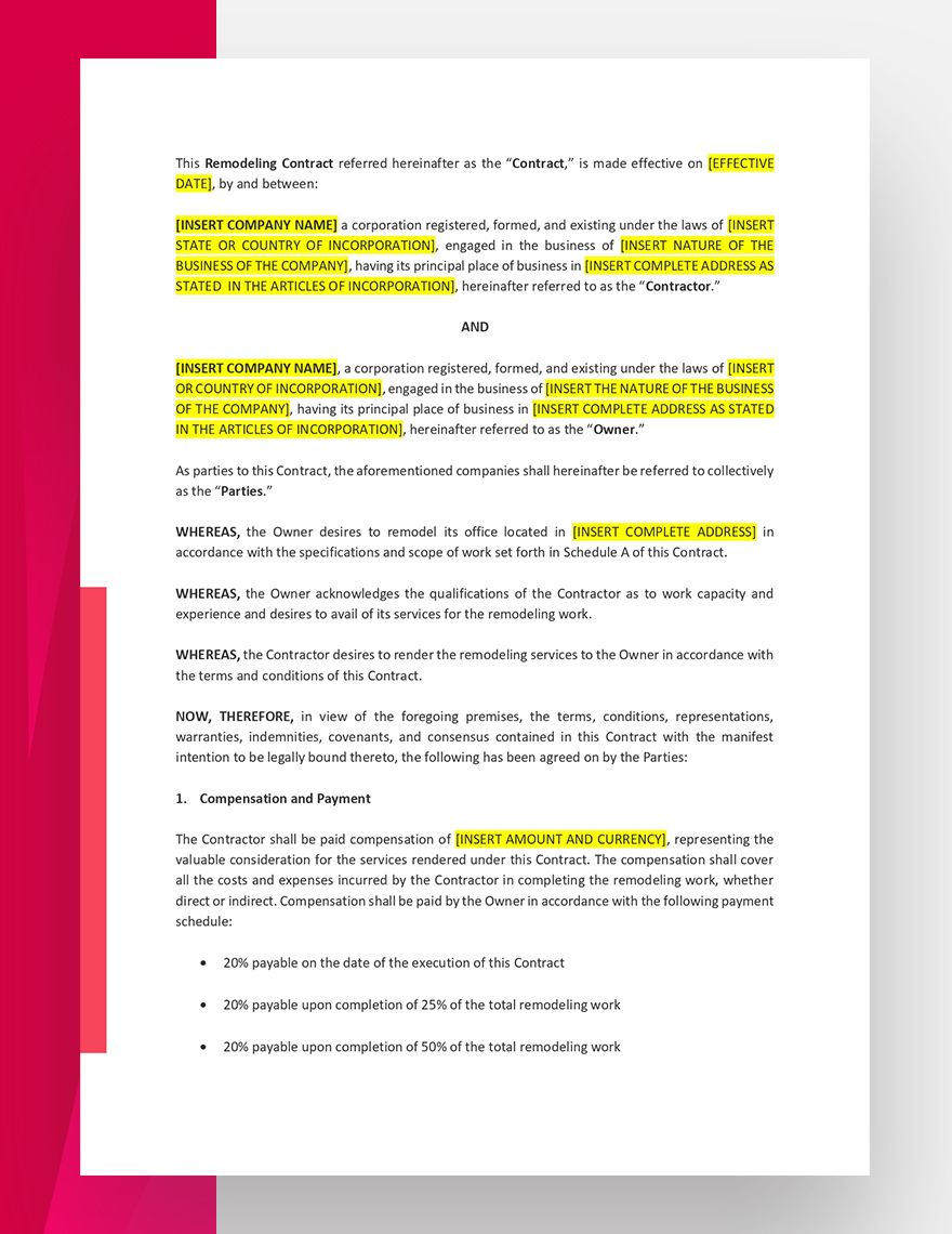 Remodeling Contract Template - Google Docs, Word, Apple Pages ...