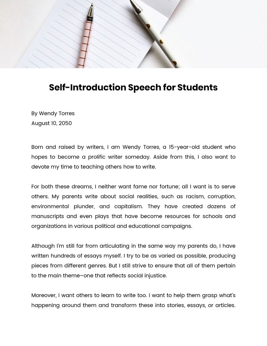 Self Introduction Speech For Students In Word Download Template