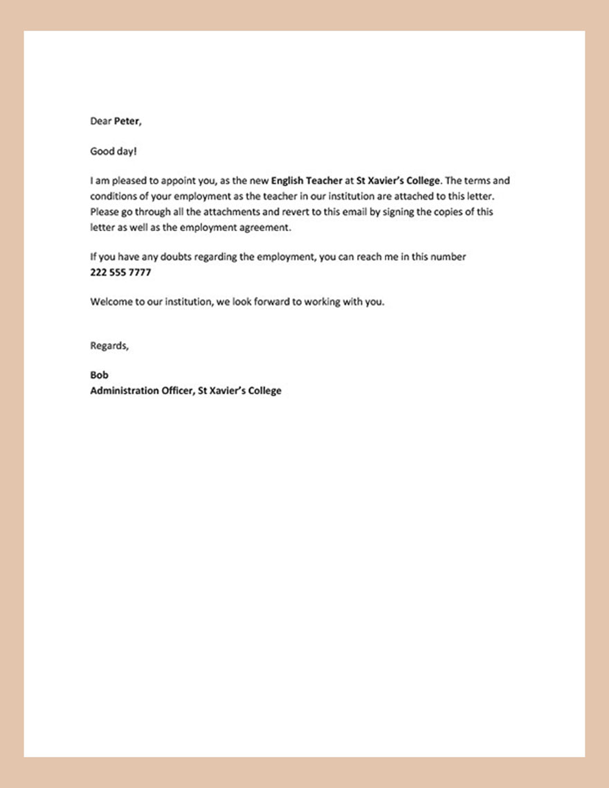 Teacher Appointment Letter Template Google Docs Word Template