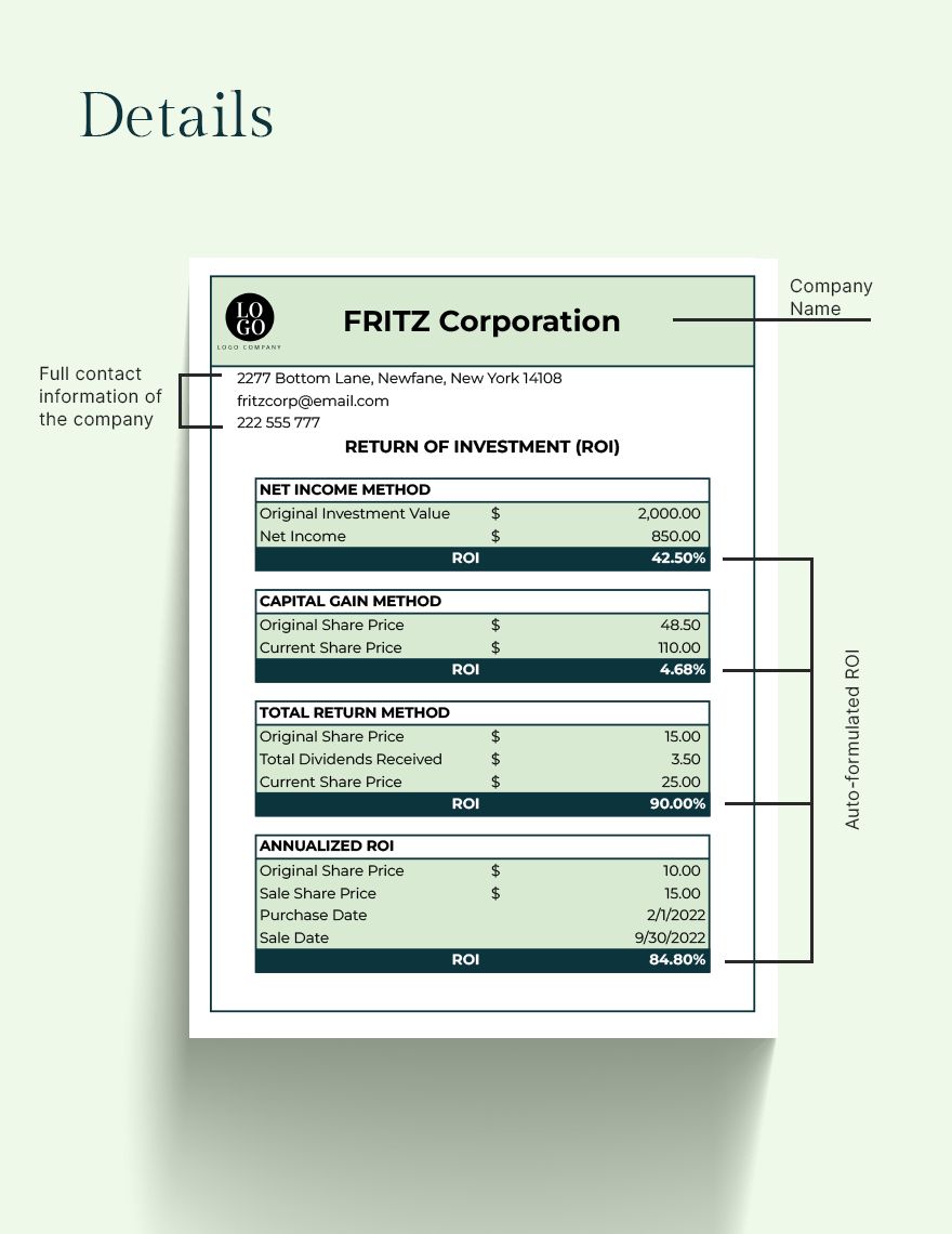ROI Template - Google Sheets, Excel | Template.net