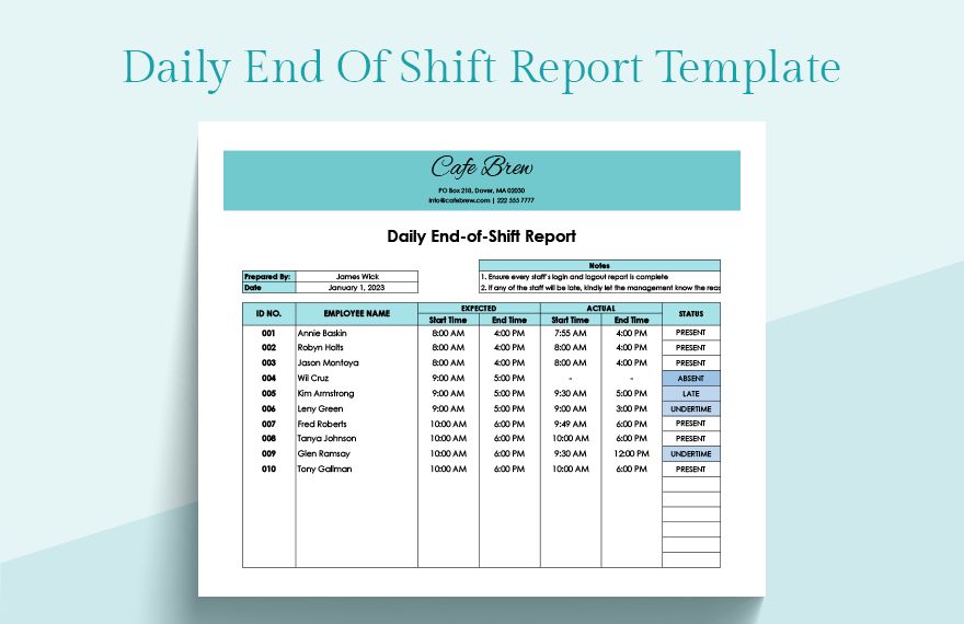 Daily End Of Shift Report Template Download In Excel Google Sheets 