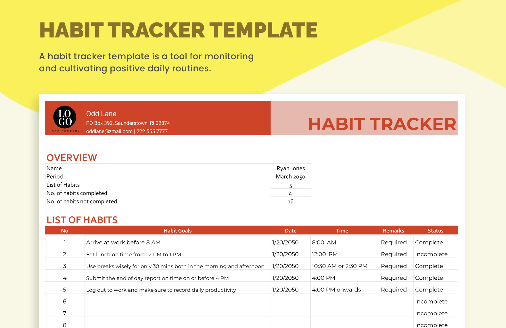 Habit Tracker Download In Excel Google Sheets Template