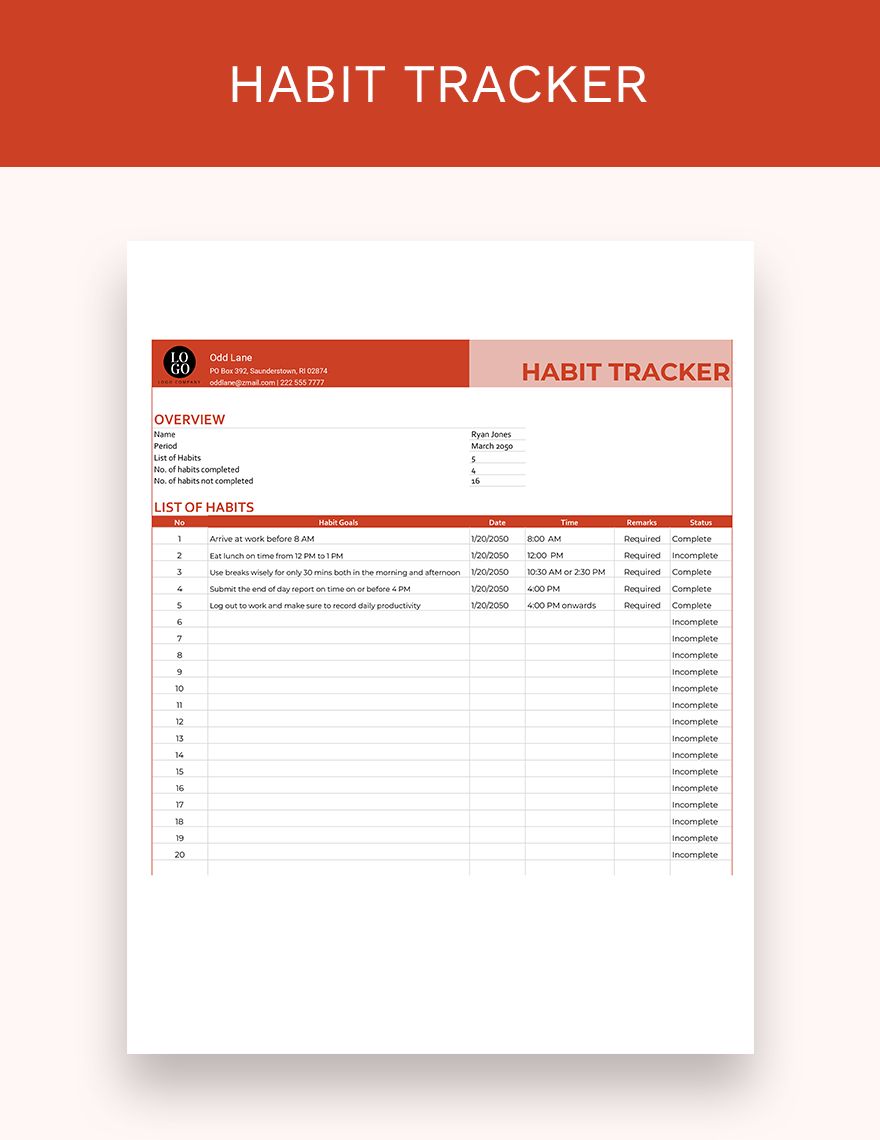 Habit Tracker Google Sheets Excel Template