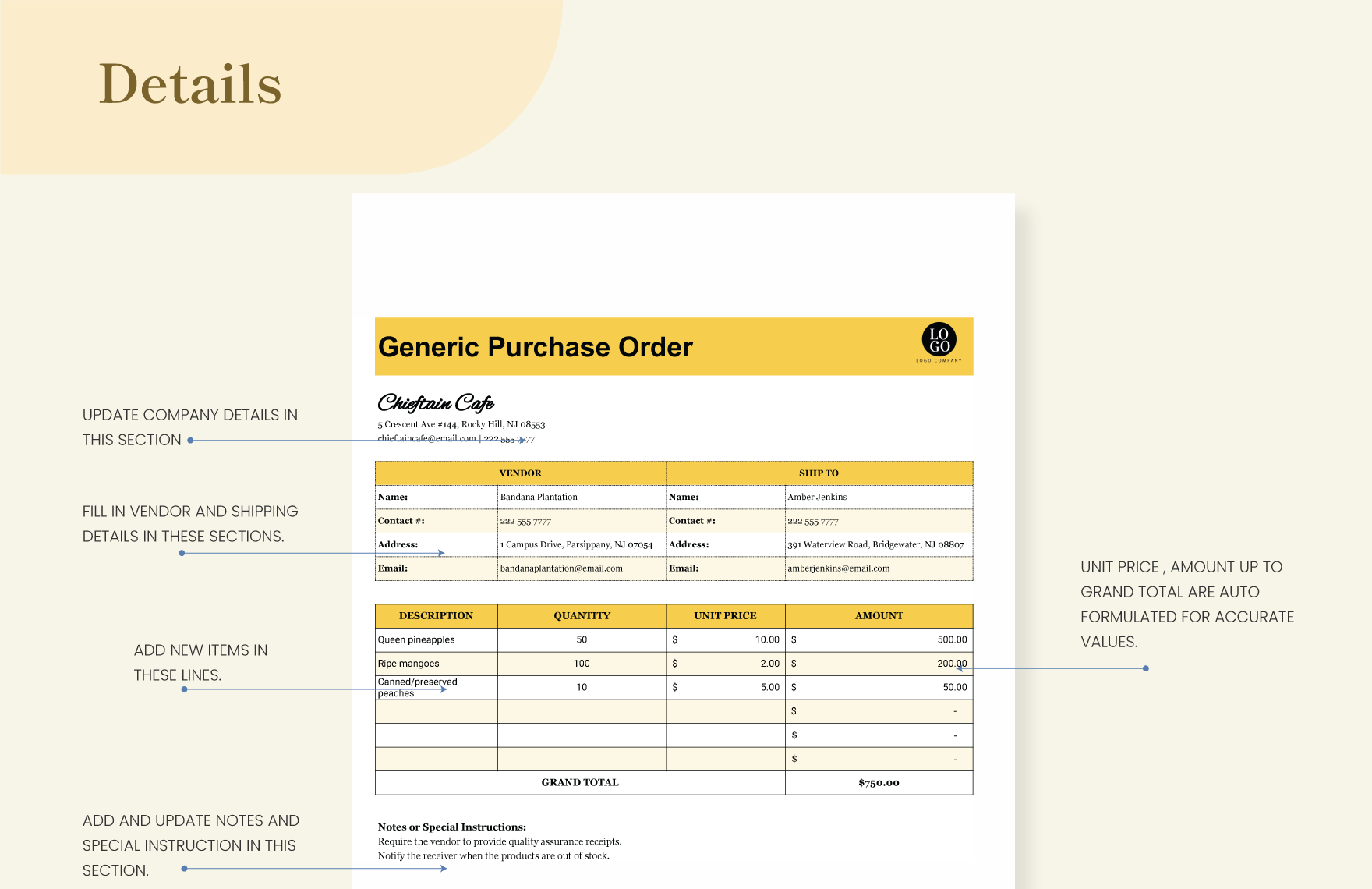 Generic Purchase Order Template - Download in Excel, Google Sheets ...