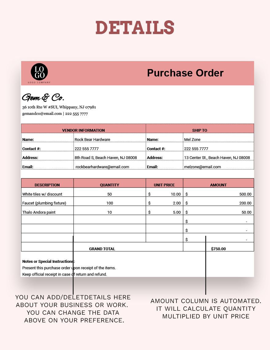 Purchase Order with Price List - Download in Excel, Google Sheets | Template.net