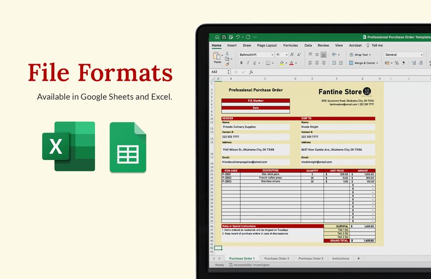 Professional Purchase Order Template - Download in Excel, Google Sheets | Template.net