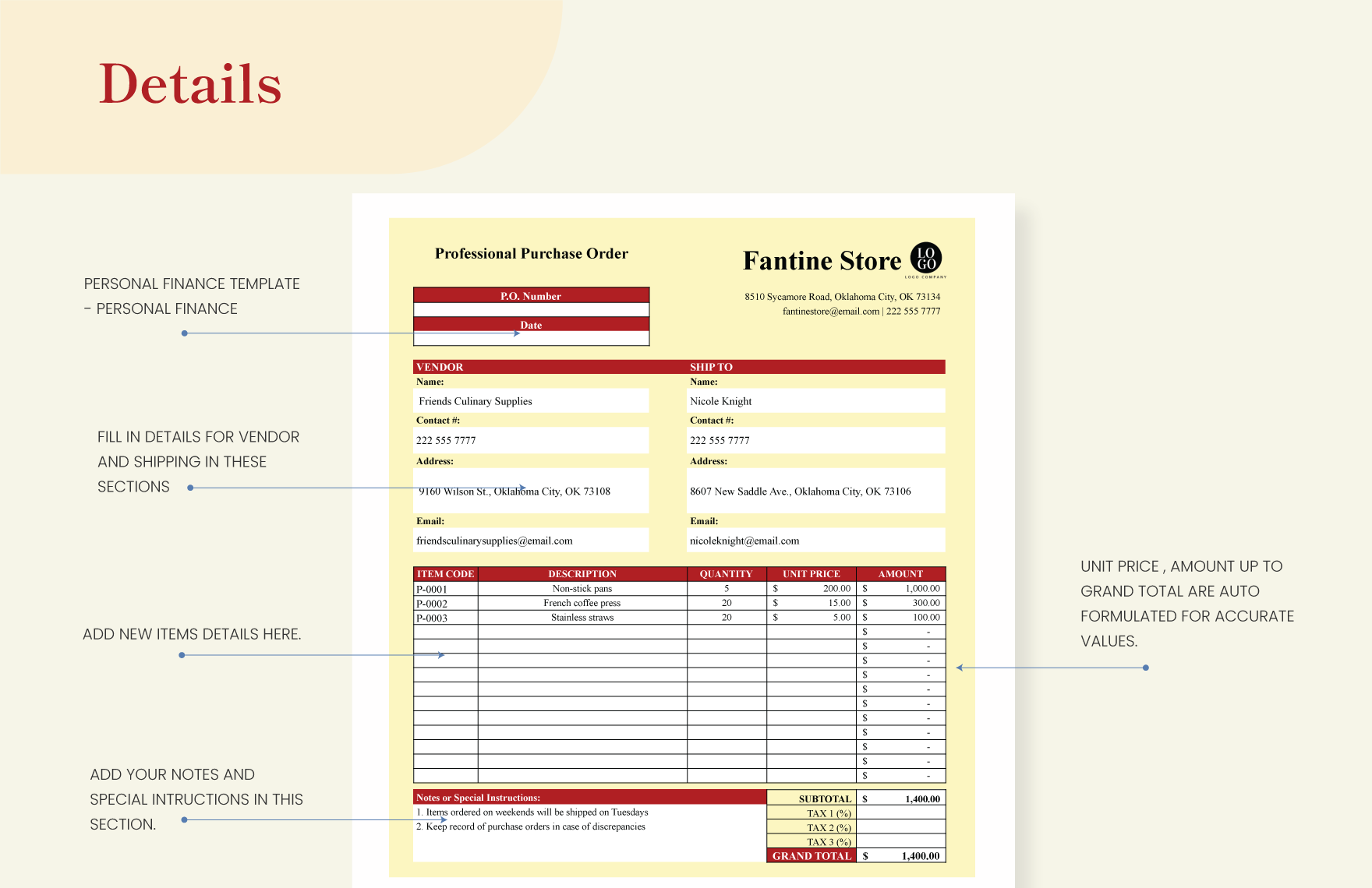 Professional Purchase Order Template - Download in Excel, Google Sheets | Template.net