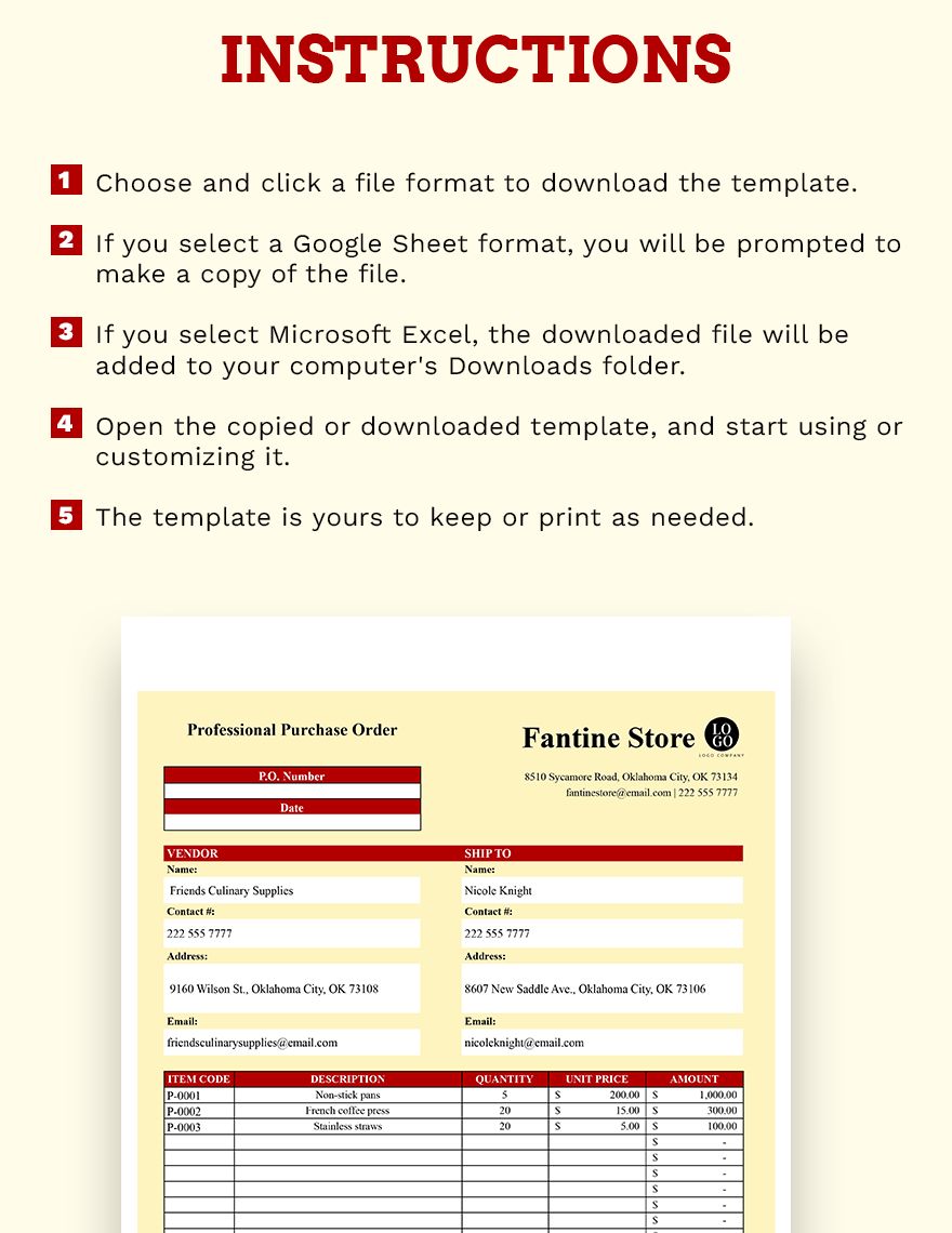 Professional Purchase Order Template - Google Sheets, Excel | Template.net