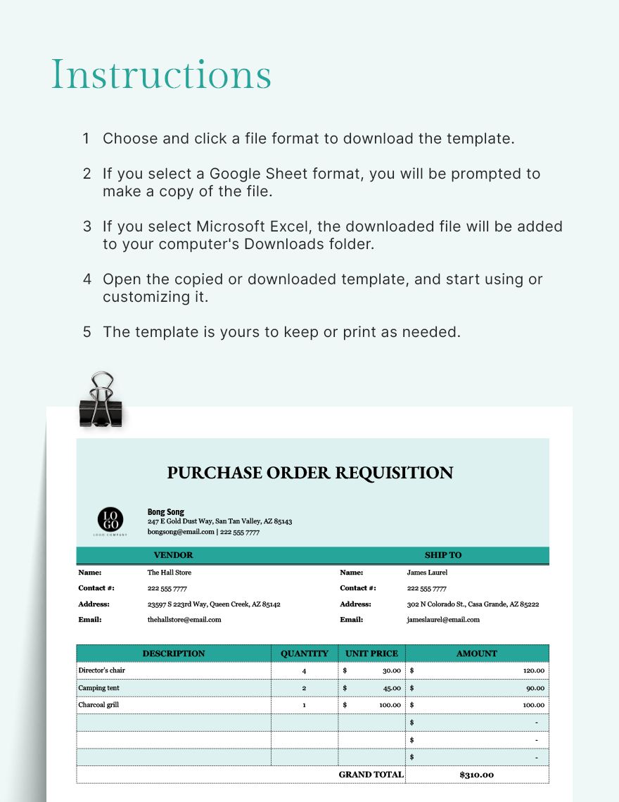 Purchase Order Requisition Template - Google Sheets, Excel | Template.net
