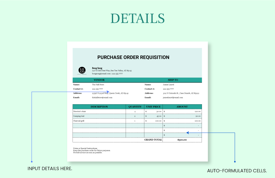 Purchase Order Requisition Template - Download in Excel, Google Sheets | Template.net