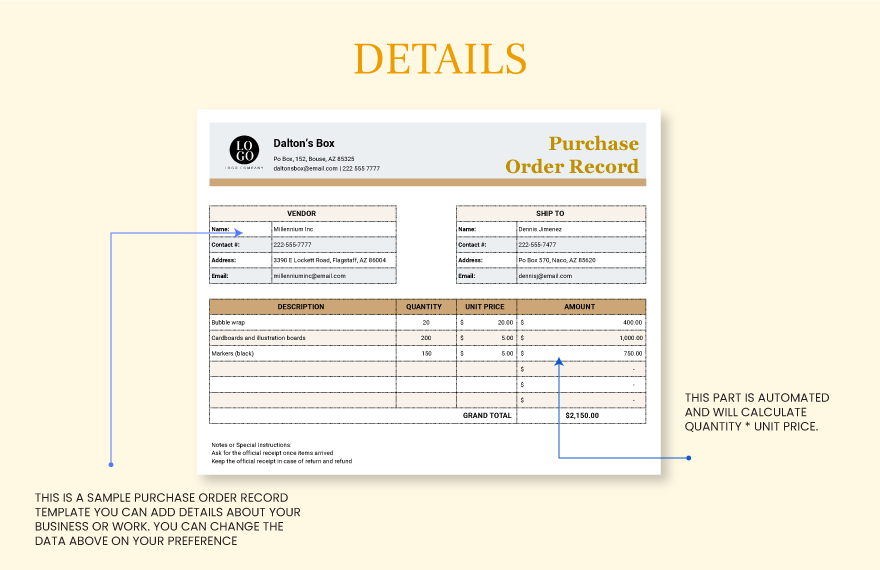 Purchase Order Record Template - Download in Excel, Google Sheets ...