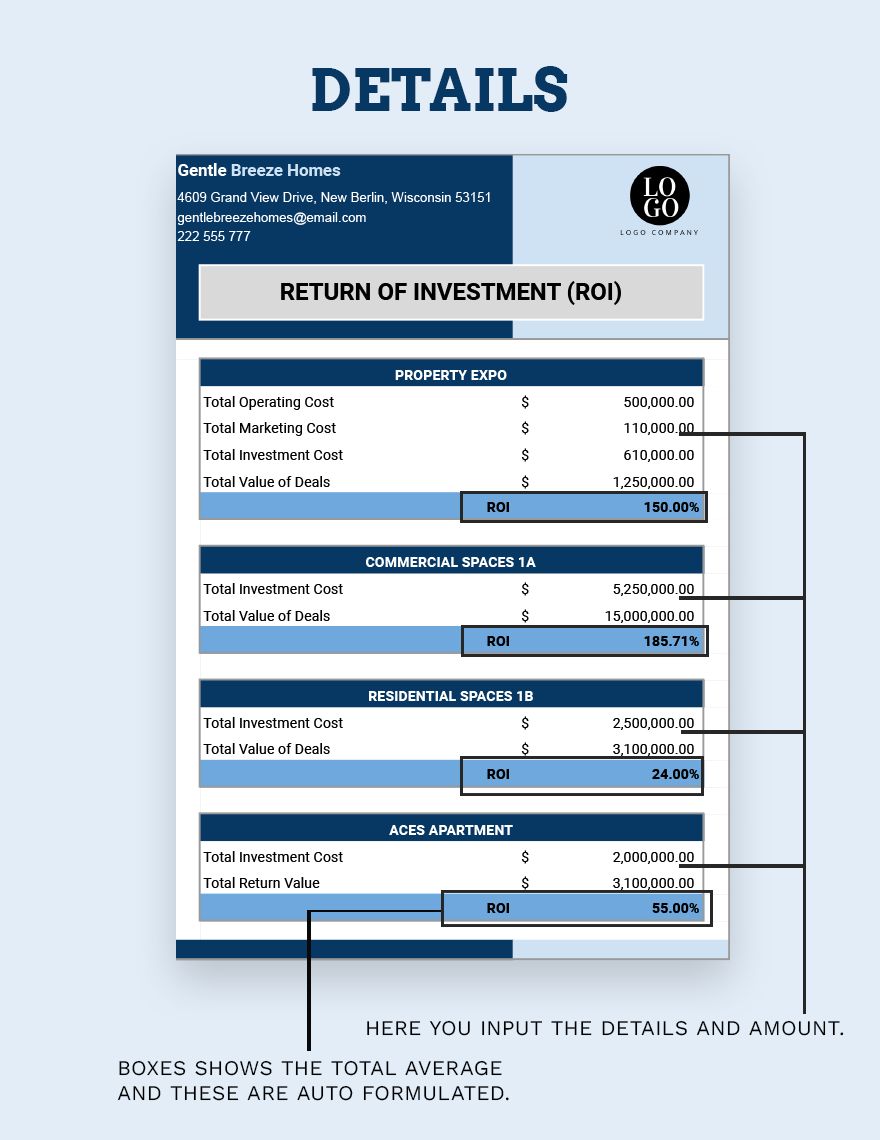 Property Investment ROI Template - Google Sheets, Excel | Template.net
