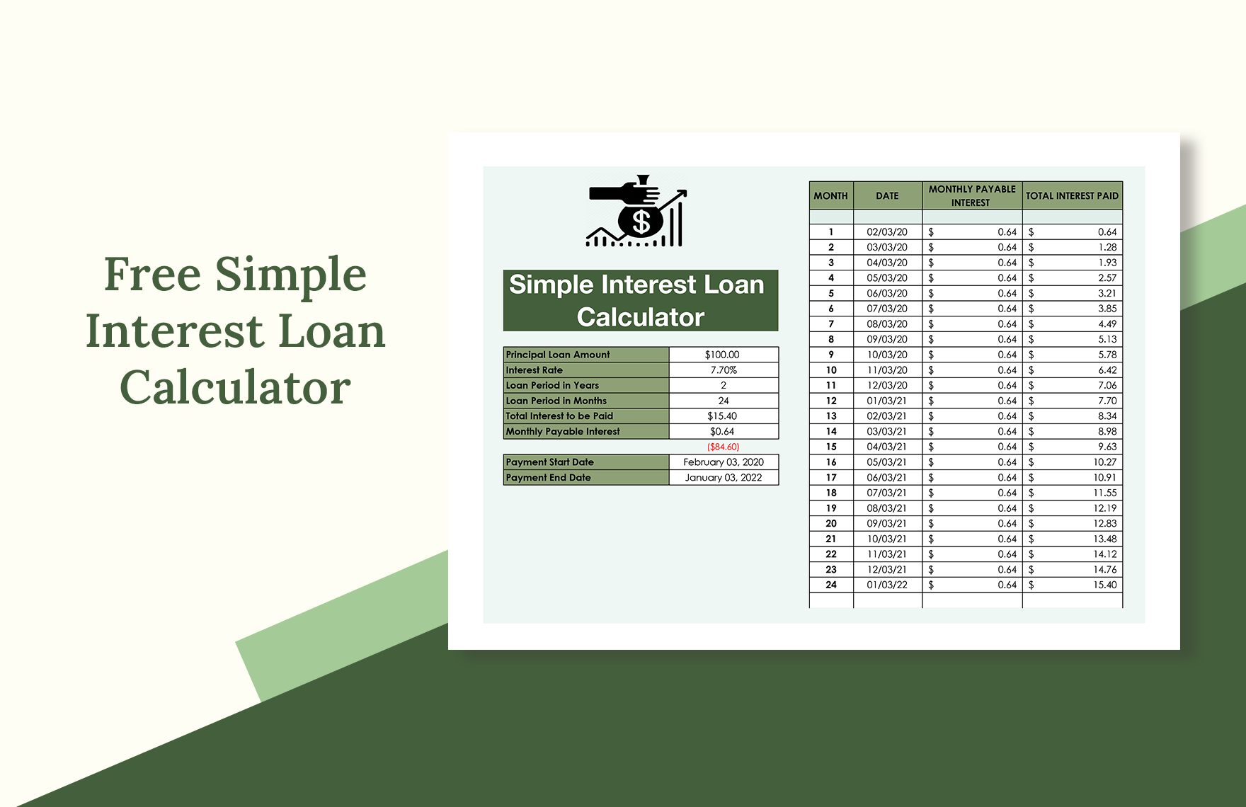 Simple Interest Loan Calculator In Excel Google Sheets Download