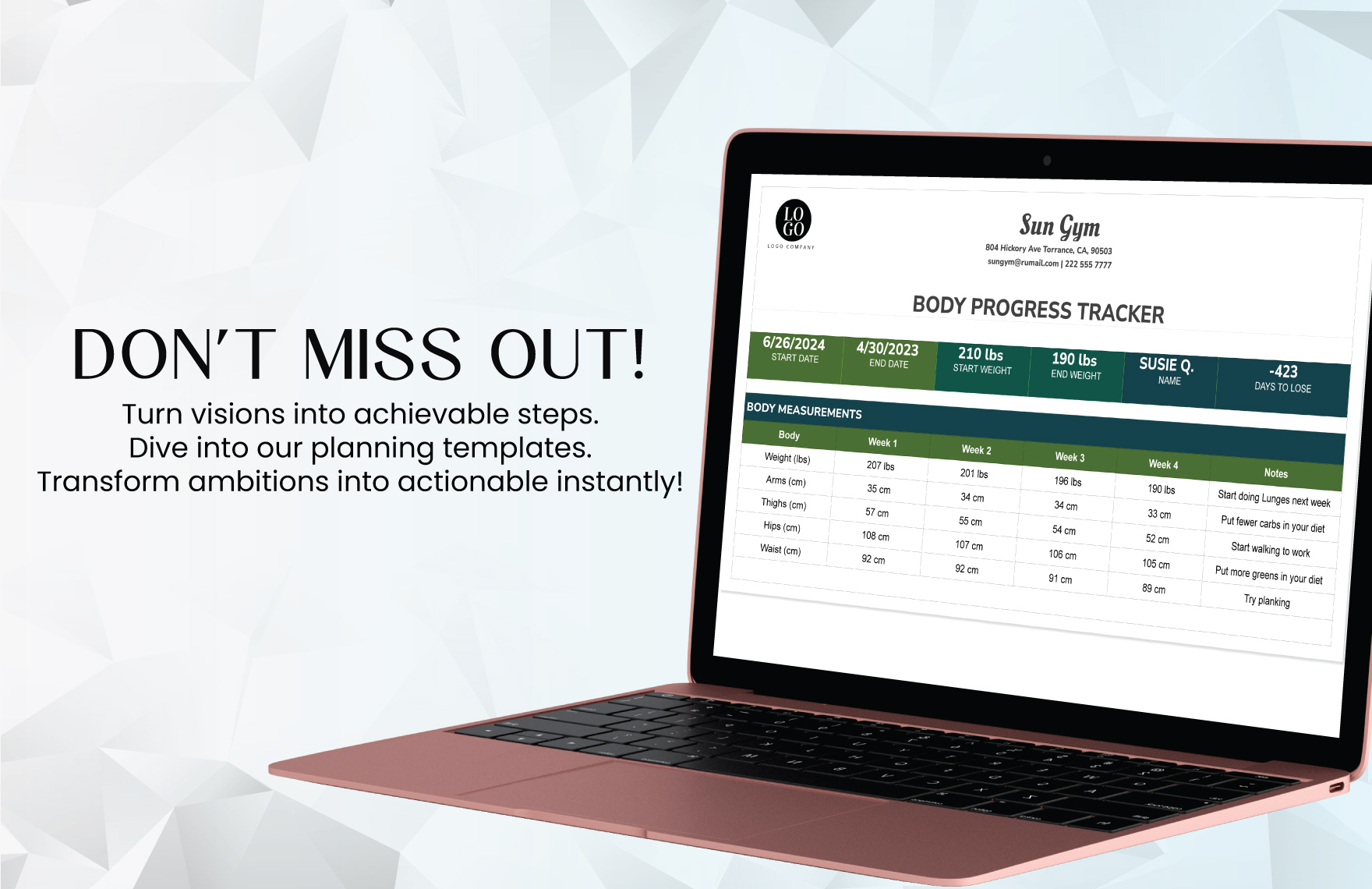 Body Progress Tracker Template in Excel, Google Sheets - Download ...