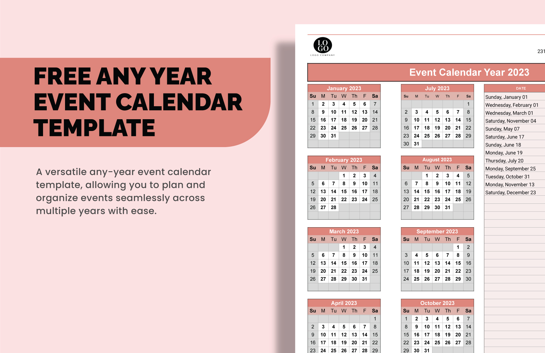 Any Year Event Calendar Template In Excel Google Sheets Download