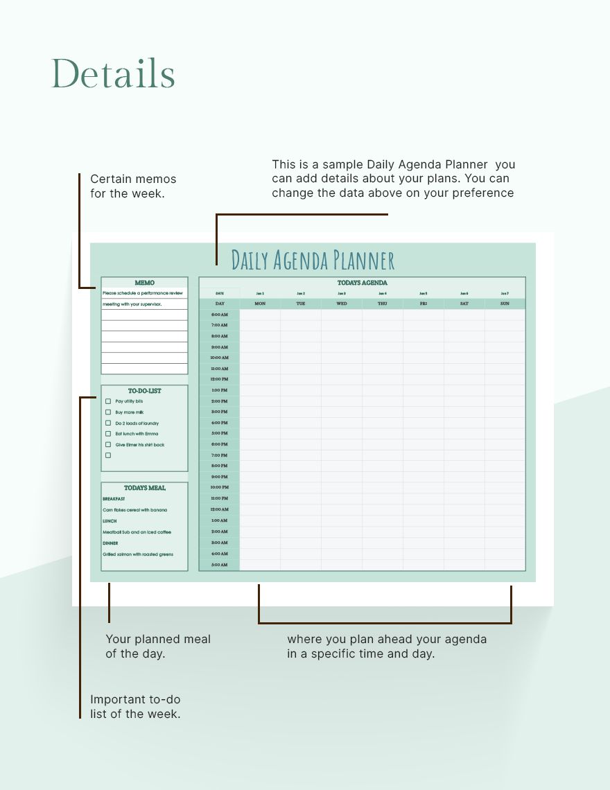 Daily Agenda Planner - Google Sheets, Excel | Template.net