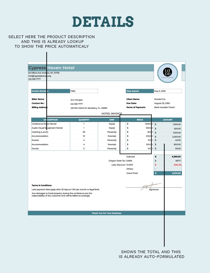 Hotel Bill Format Template - Google Sheets, Excel | Template.net