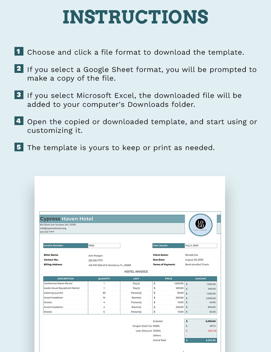 Hotel Bill Format Template - Google Sheets, Excel | Template.net